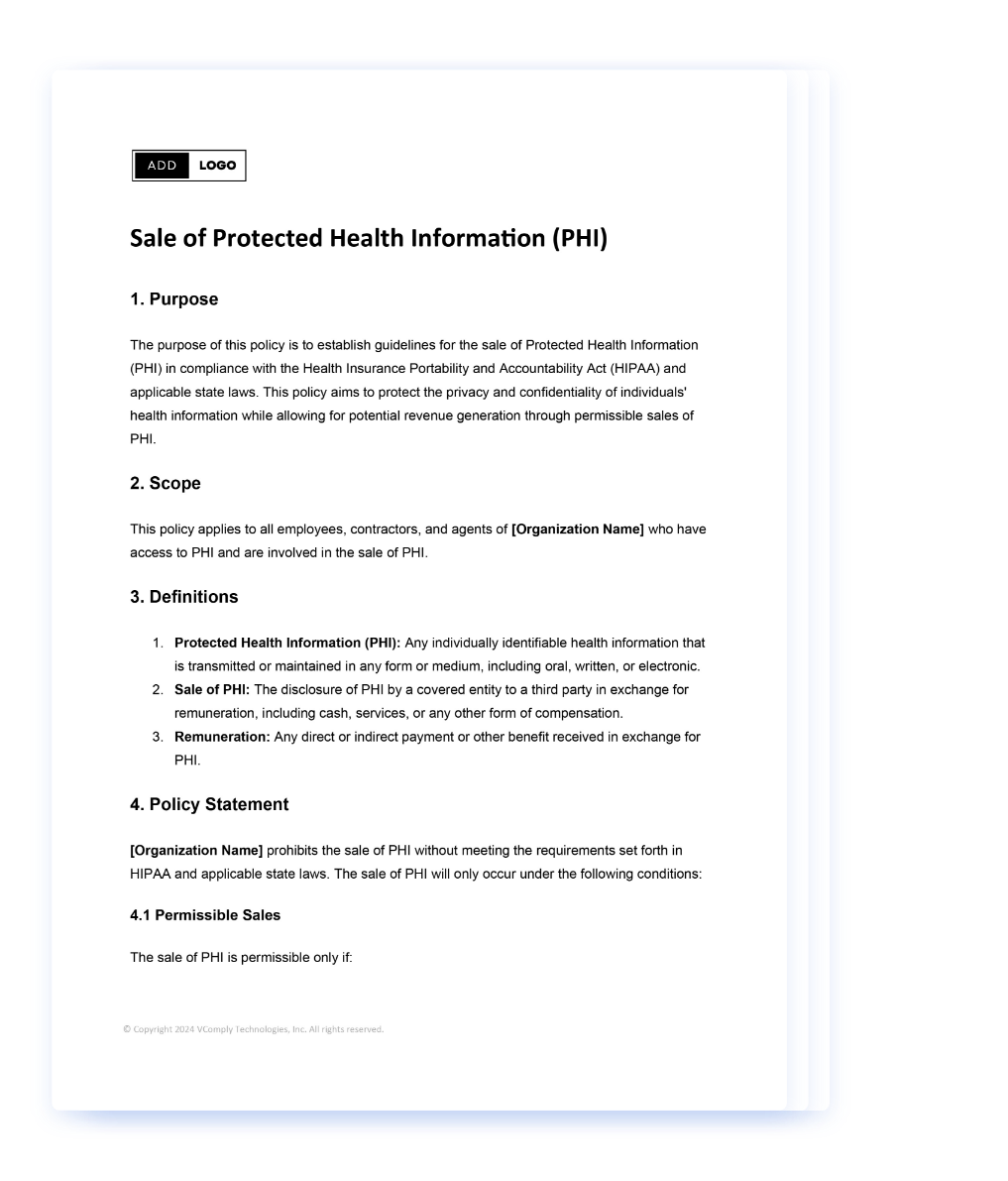 Sale of Protected Health Information (PHI) Policy Template