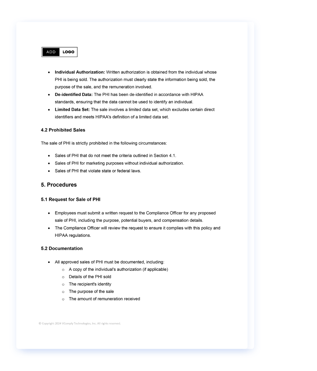 Sale of Protected Health Information (PHI) Policy Template