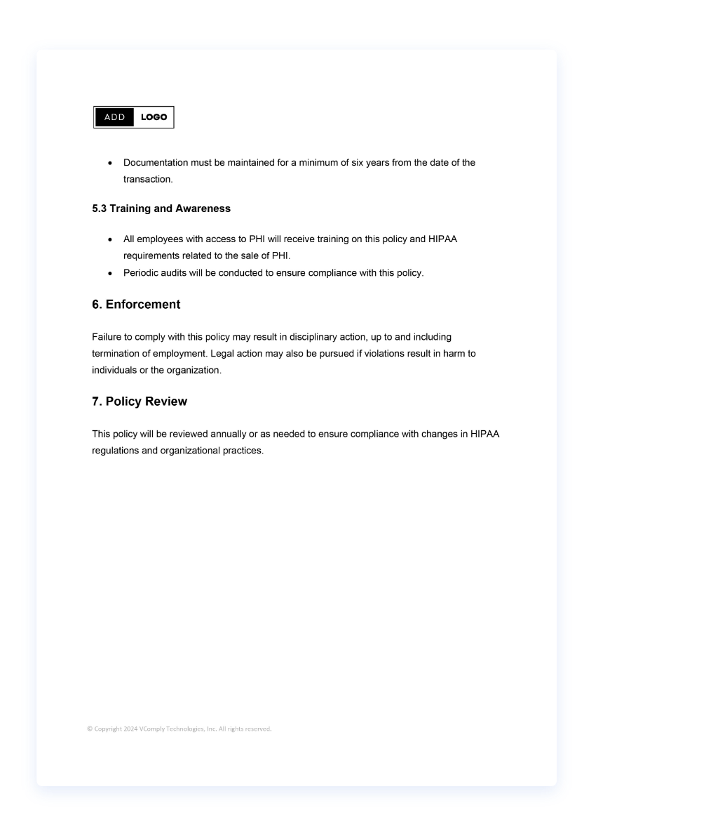 Sale of Protected Health Information (PHI) Policy Template