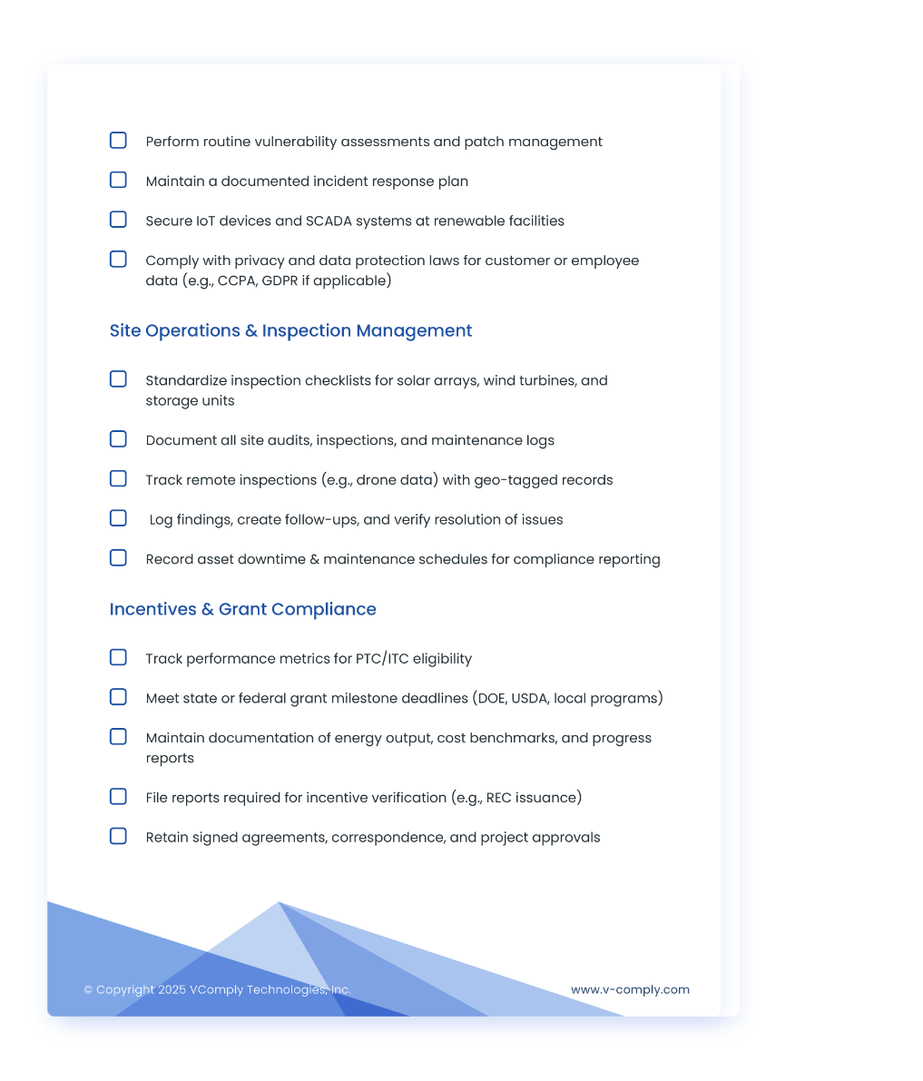 Operational Compliance Checklist for Renewable Energy | VComply
